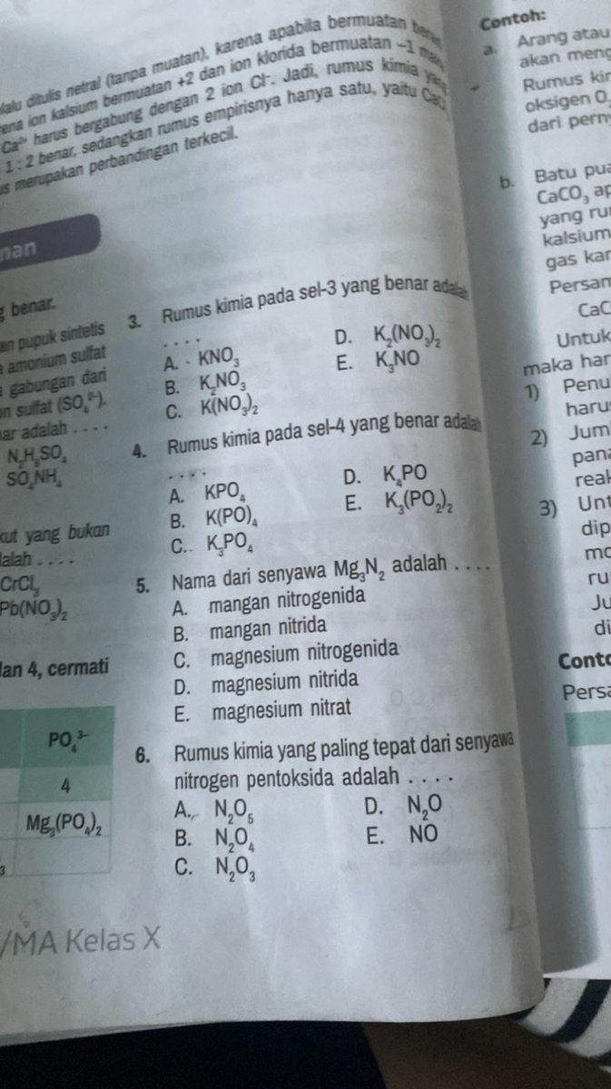 Rumus kimia pada sel-3 yang benar adalah A. KNO₃ B. K₂NO₃ C. K(NO₃)₂ D. K..