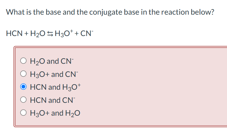 What is the base and the conjugate base in the reaction below? \mathrm