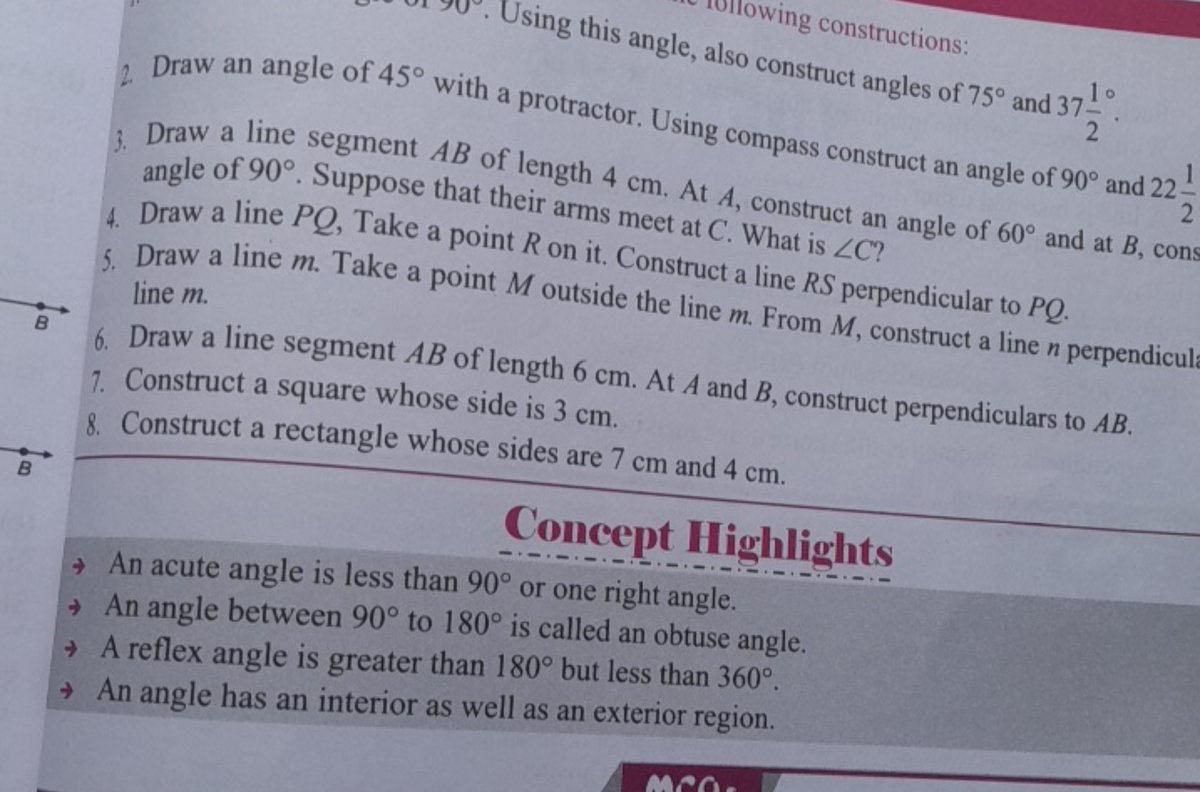 Here are some construction problems: Draw an angle of 45° with a protrac..
