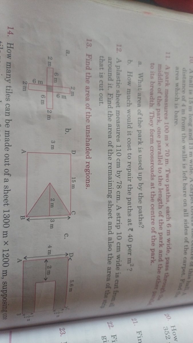 Find the area of the unshaded regions. a. [Diagram showing a cross shape