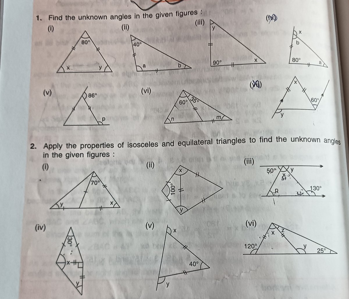 Find the unknown angles in the given figures: (i) Diagram of an isosceles..