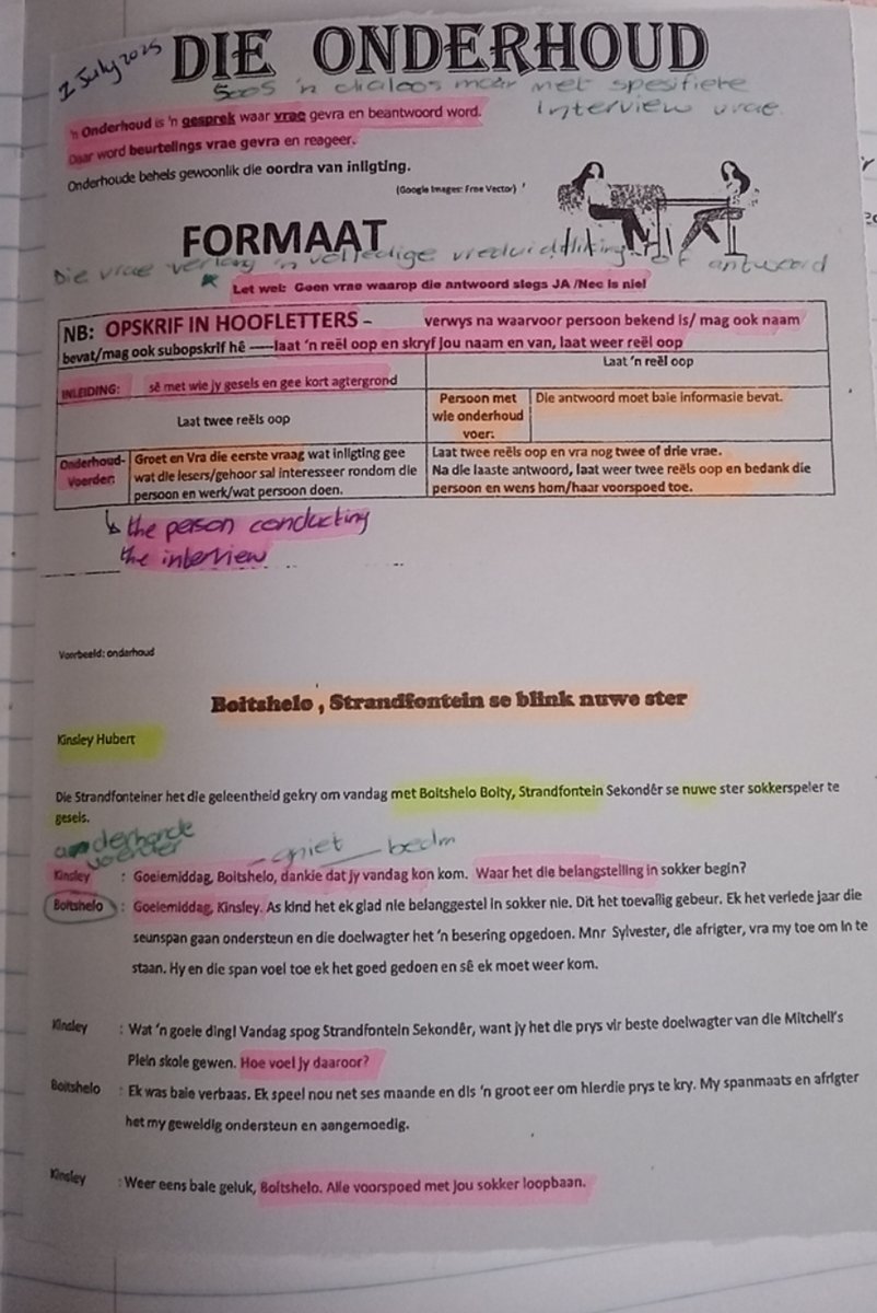 Opdrag: Skryf 'n Onderhoud Riglyne: Die onderhoud is 'n gesprek (dialoog..