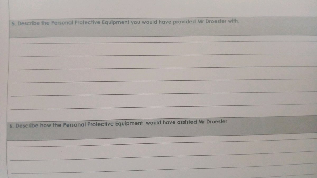 Describe the Personal Protective Equipment you would have provided Mr Dro..