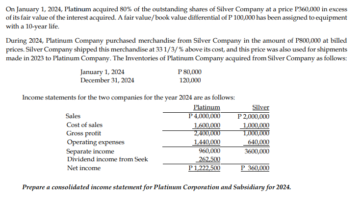 On January 1, 2024, Platinum acquired 80 \% of the outstanding shares of