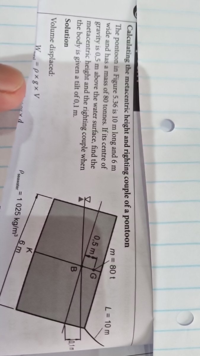 Calculating the metacentric height and righting couple of a pontoon. The