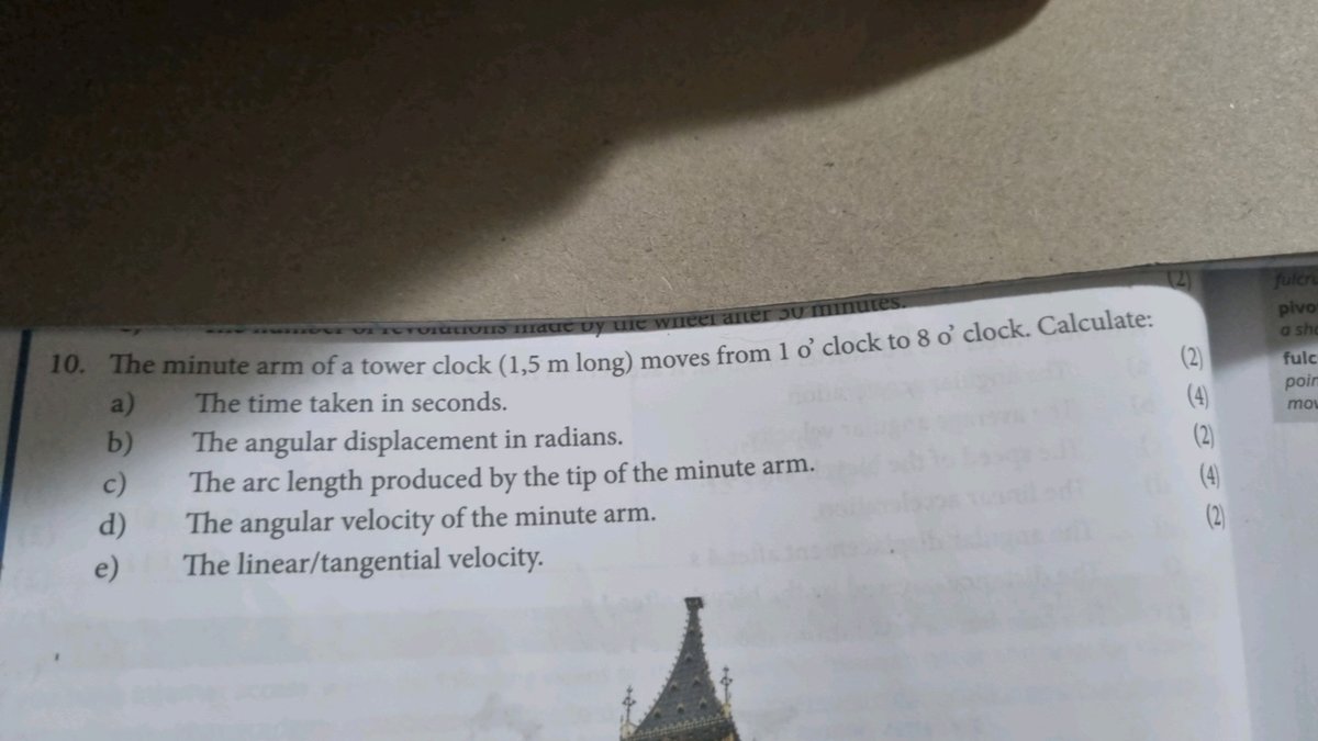 The minute arm of a tower clock (1.5 m long) moves from 1 o'clock to 8 o'..