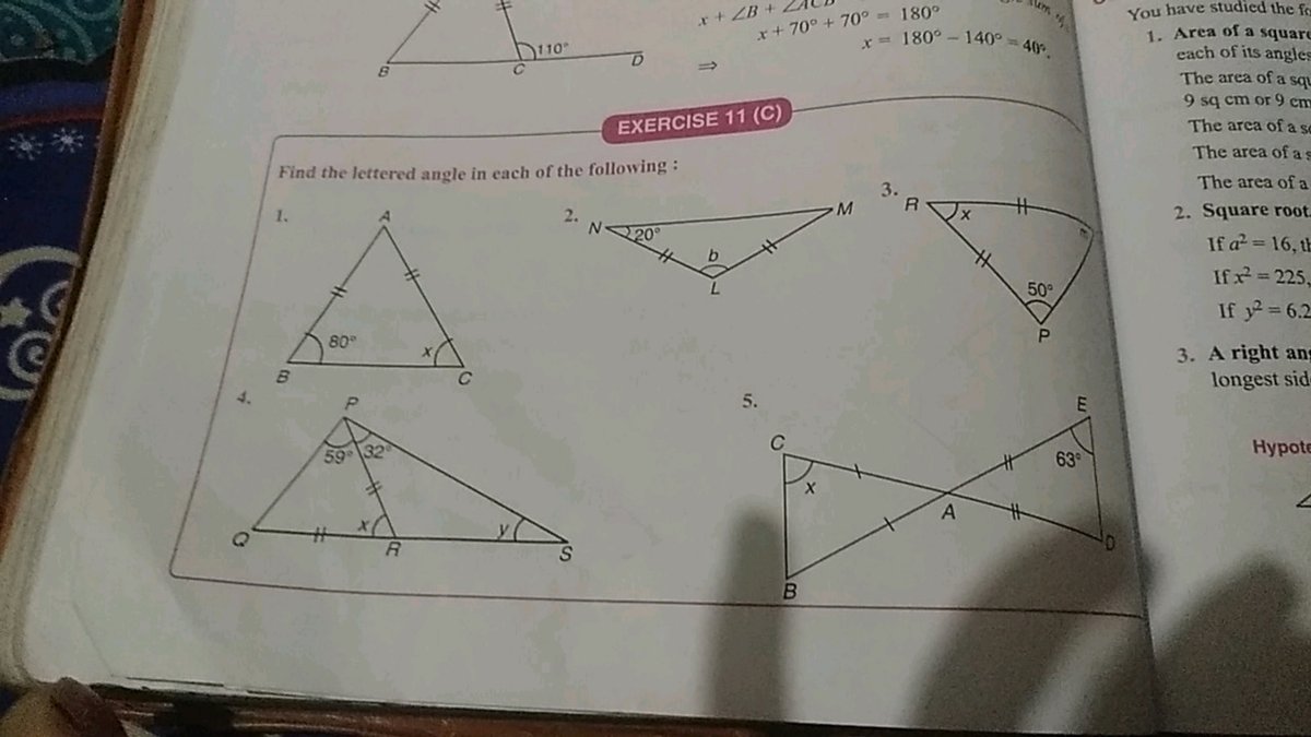 Find the lettered angle in each of the following: Diagram of a triangle