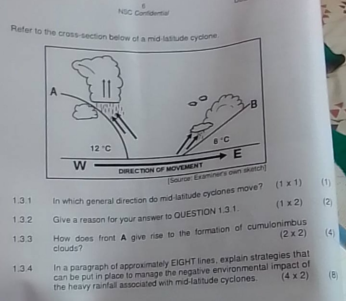 Questions based on the cross-section of a mid-latitude cyclone 1.3.1 In w..