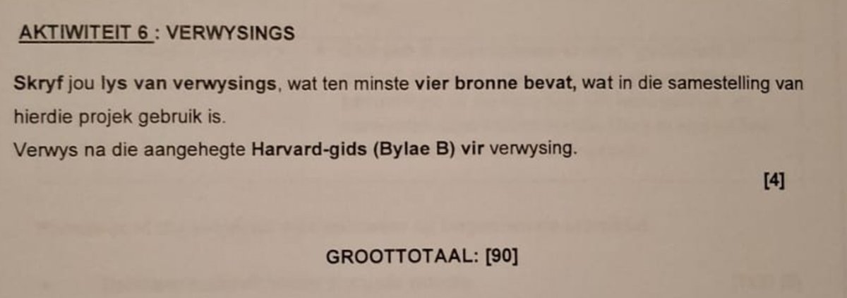 AKTIWITEIT 6: VERWYSINGS Skryf jou lys van verwysings, wat ten minste vie..