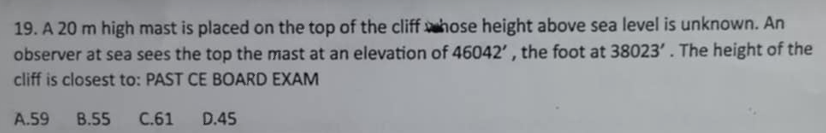 A 20 m high mast is placed on the top of the cliff sea height above level..