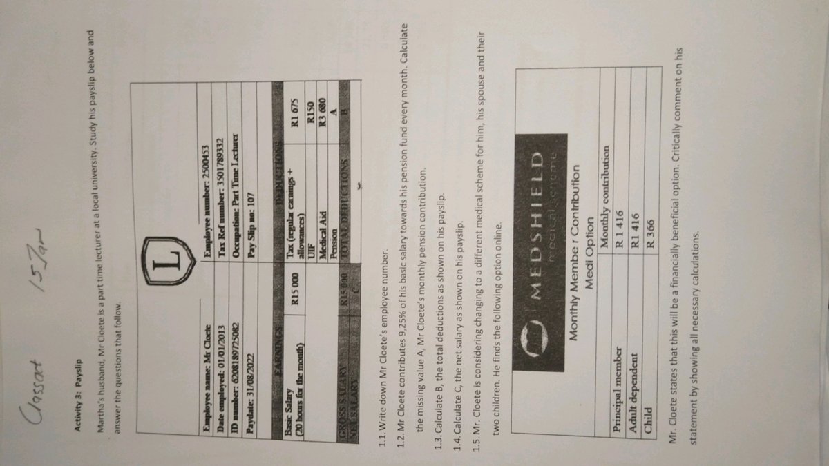 Activity 3: Payslip Martha's husband, Mr Cloete is a part time lecturer