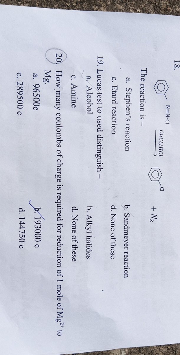 The reaction is - [Diagram showing a benzene ring with N=N-Cl attached, r..