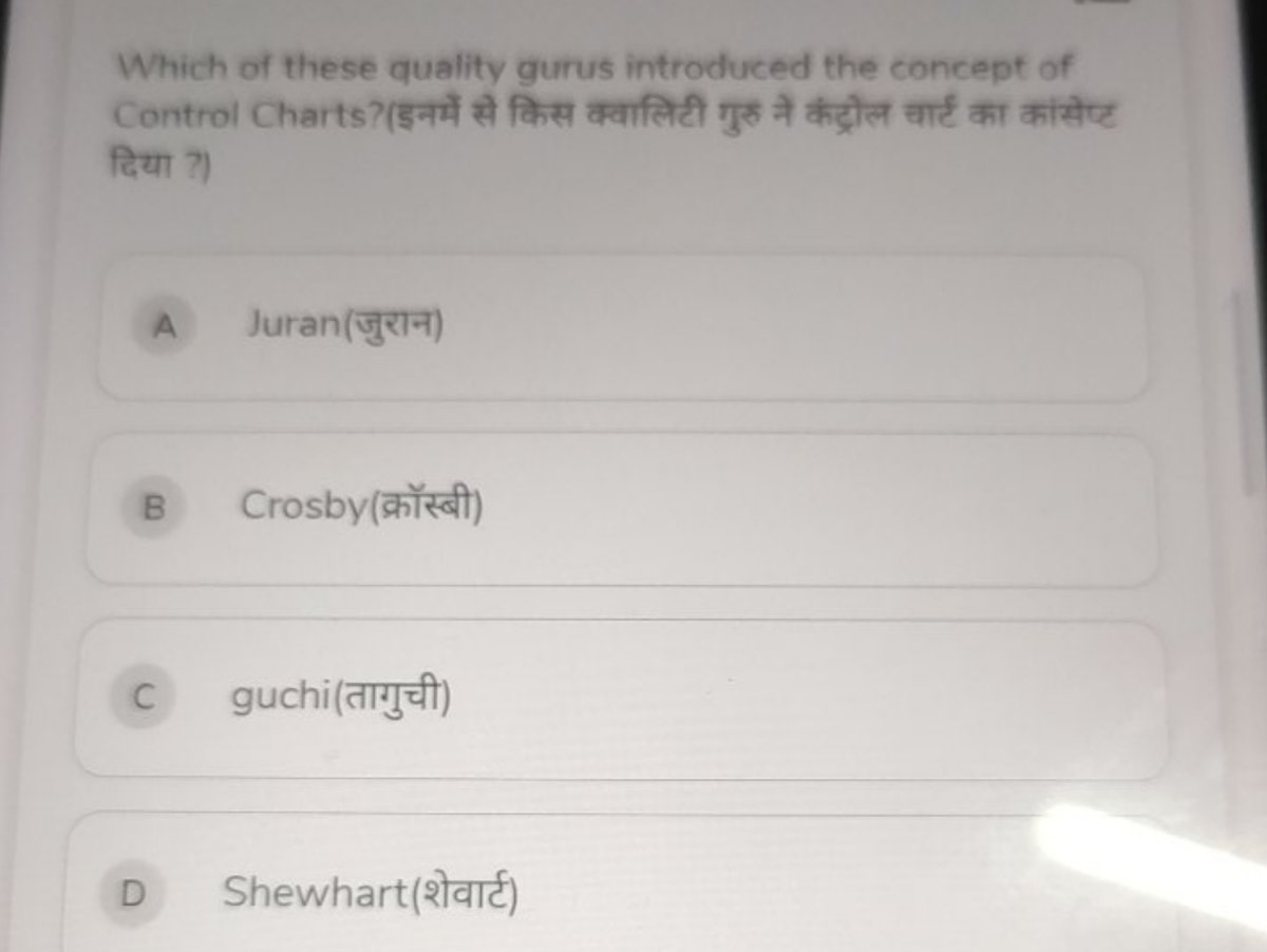 Which of these quality gurus introduced the concept of Control Charts?(इन..