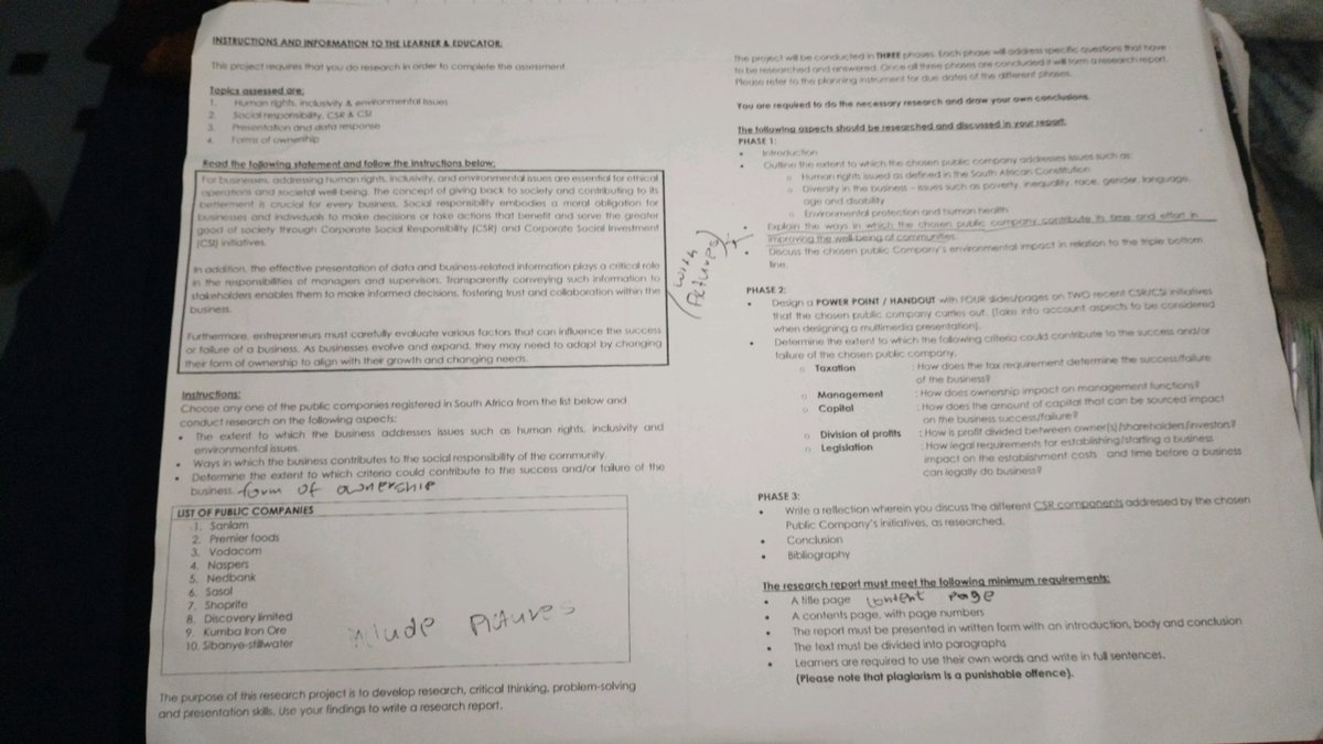Grade 12 Business Studies Research Project: Public Company Analysis Inst..