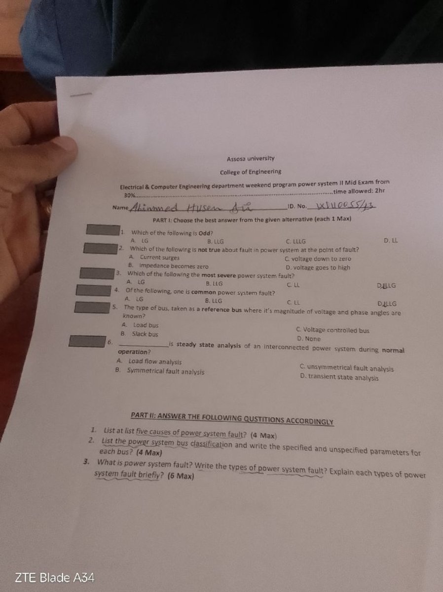 Mid Exam: Power System II PART I: Multiple Choice (1 mark each) Which of..