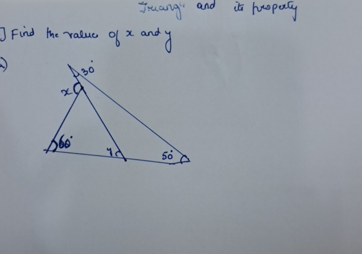 Find the value of x and y in the given triangle diagram. | Filo