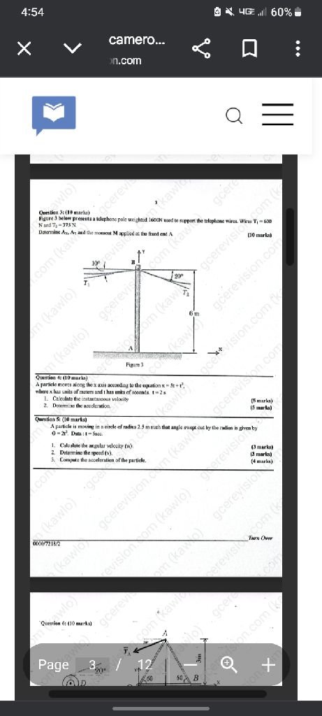 Question 3: (10 marks) Figure 3 below presents a telephone pole weighted