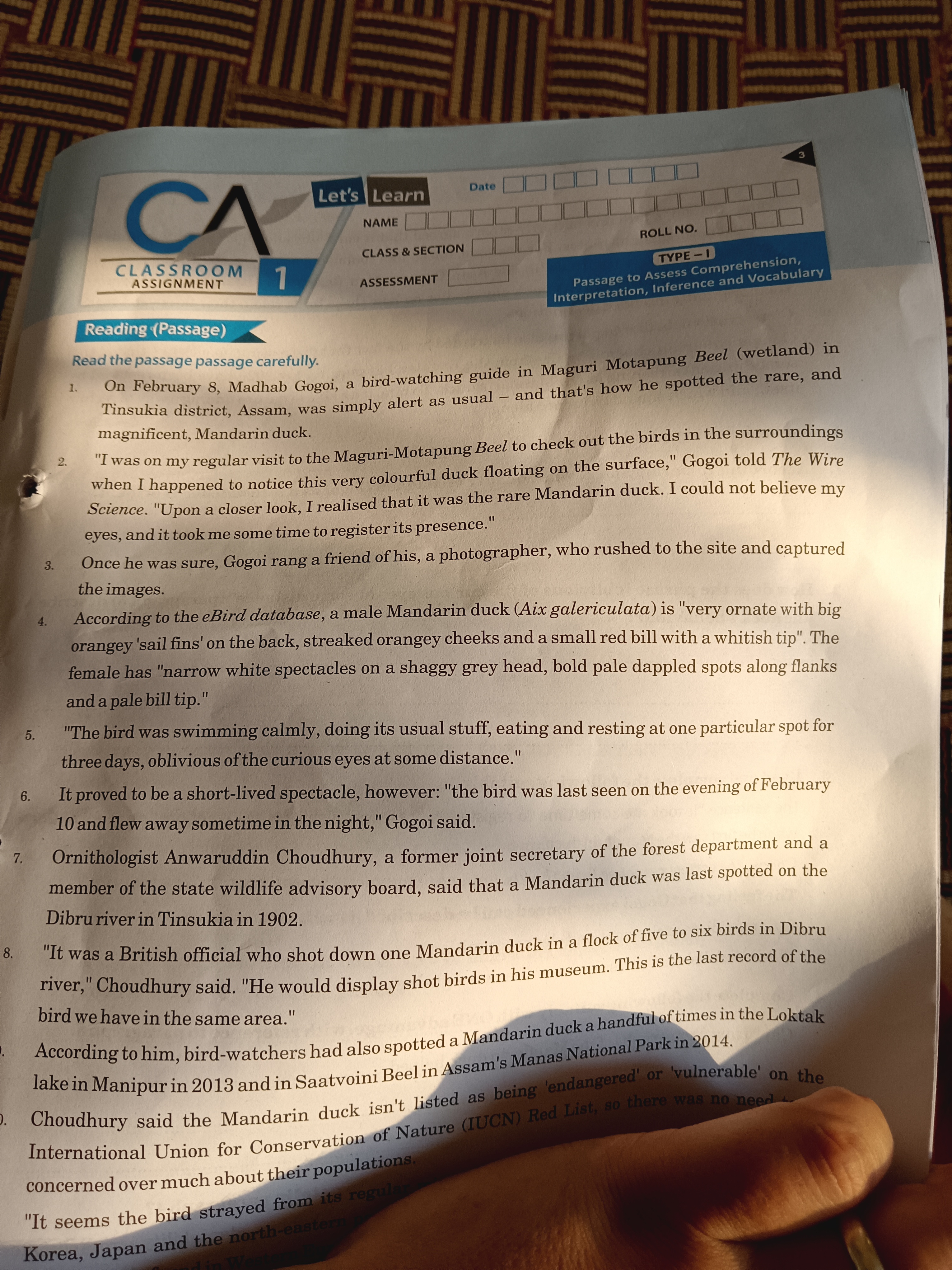 CA CLASSROOM ASSIGNMENT 1 Let's Learn NAME CLASS & SECTION ASSESSMENT Dat..