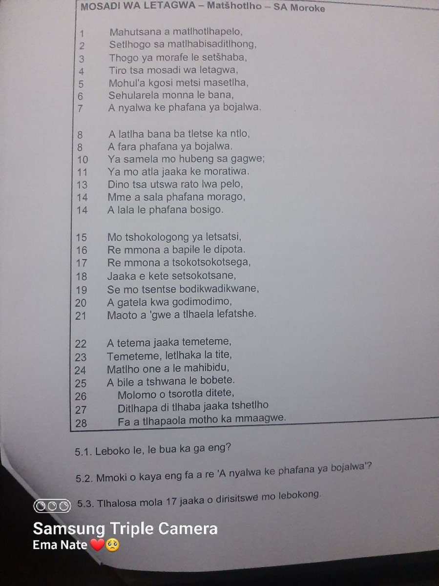 1. Leboko le, le bua ka ga eng? 2. Mmoki o kaya eng fa a re 'A nyalwa ke