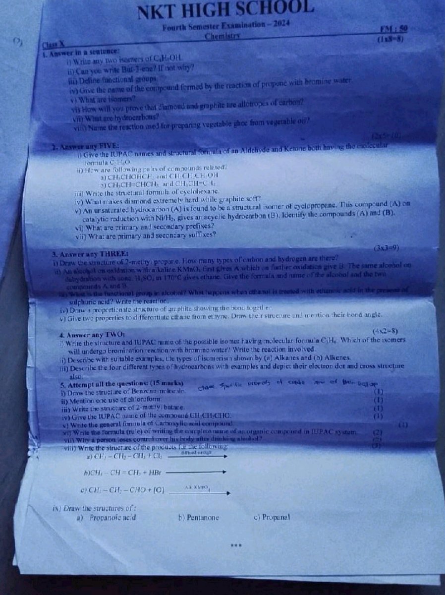 NKT HIGH SCHOOL Fourth Semester Examination - 2024 Class X Chemistry FM: