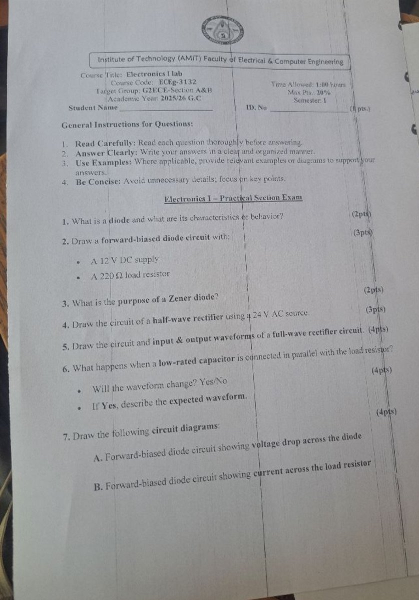 Here is an exam paper for "Electronics I - Practical Section Exam". Pleas..