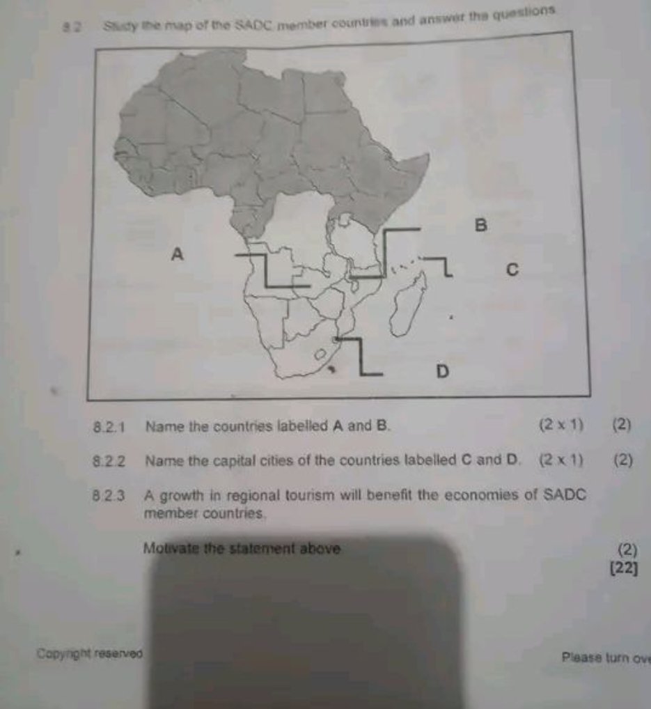Study the map of the SADC member countries and answer the questions. 8.2..