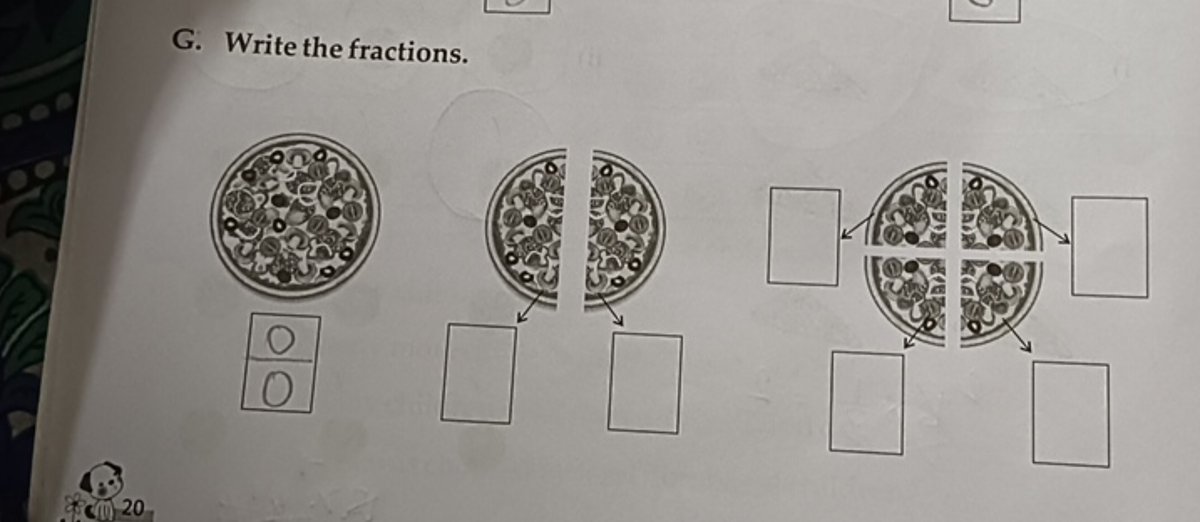 G. Write the fractions. [Image shows three pizzas. The first is whole, w..