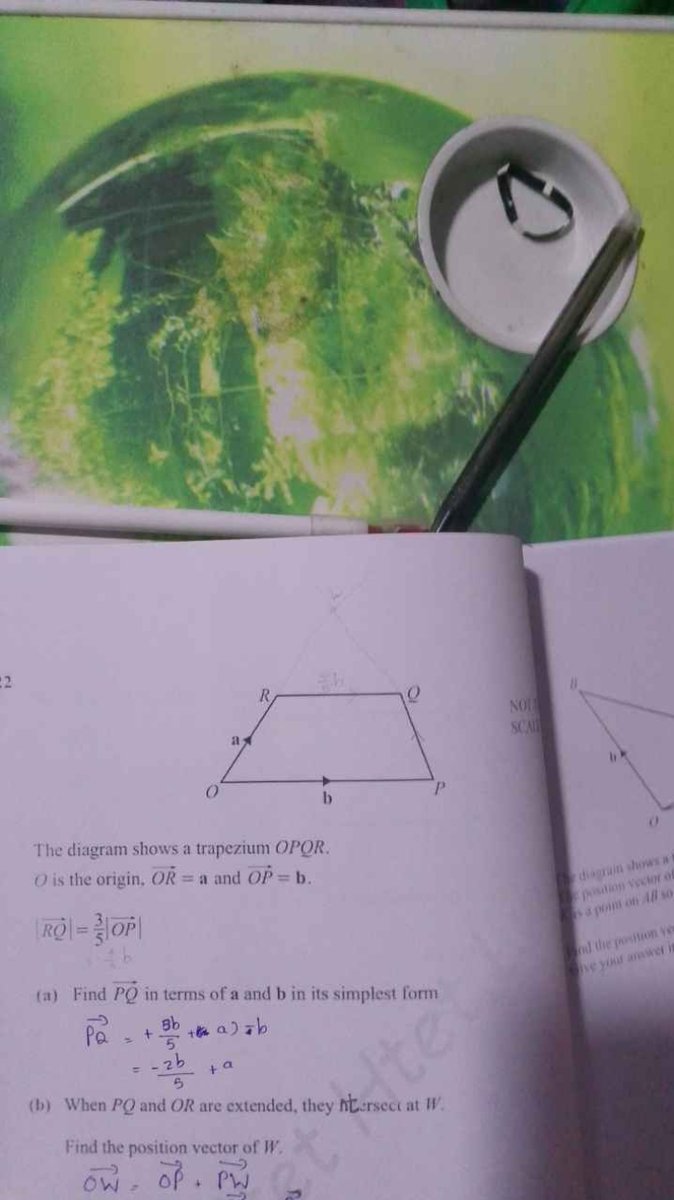 The diagram shows a trapezium OPQR where O is the origin. Given: \vec{OR..