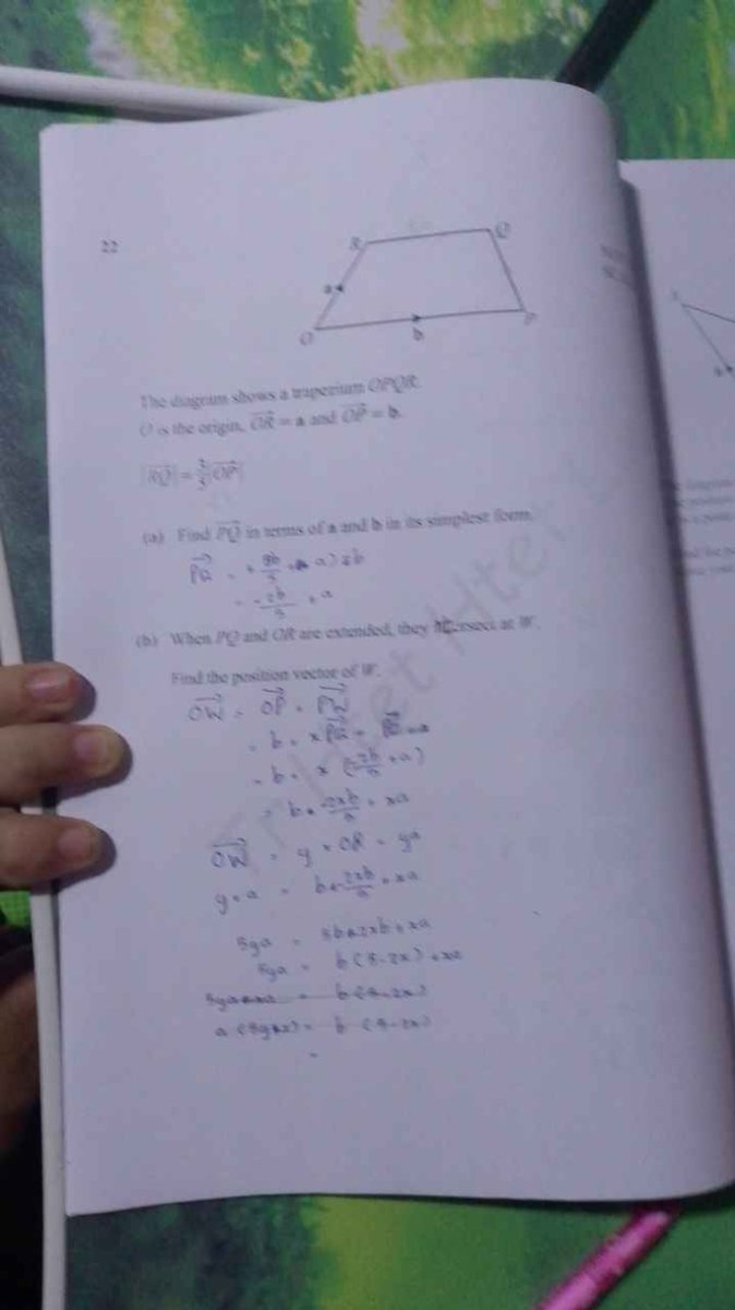The diagram shows a trapezium OPQR. O is the origin, \vec{OR} = \mathbf{..