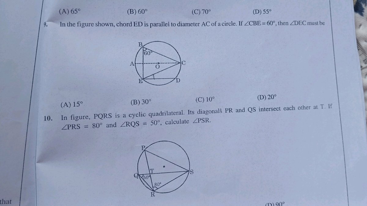 In the figure shown, chord ED is parallel to diameter AC of a circle. If