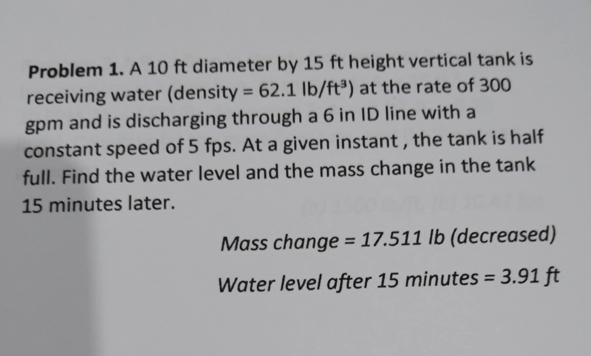 Problem 1. A 10 ft diameter by 15 ft height vertical tank is receiving wa..