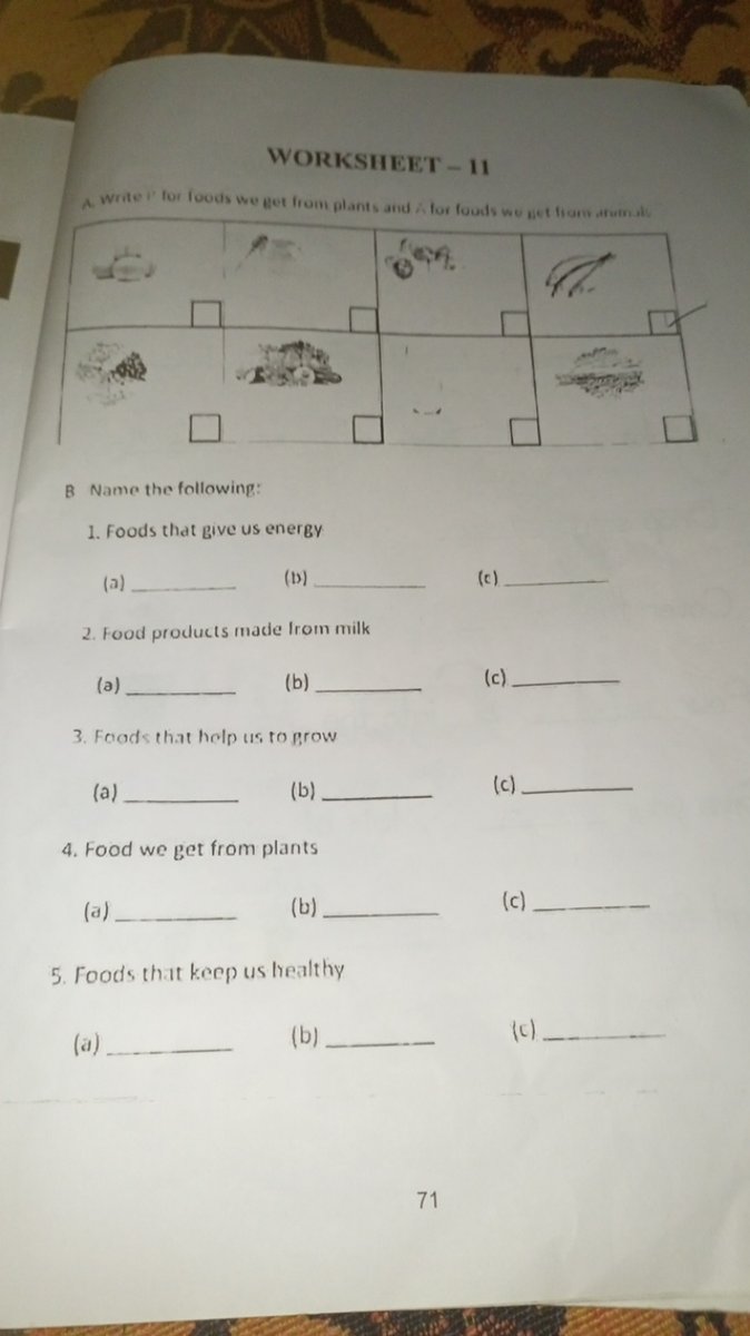 WORKSHEET - 11 A. Write P for foods we get from plants and A for foods w..