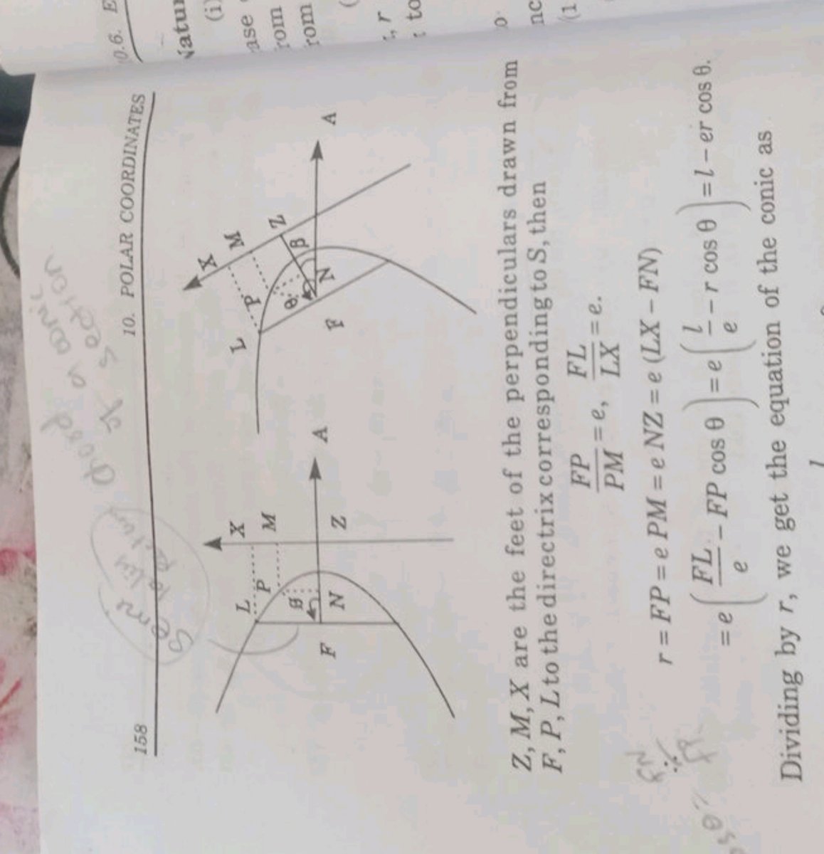 The image shows a derivation of the polar equation of a conic section. It..