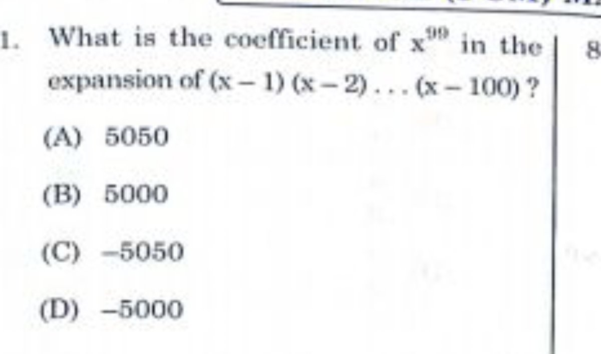 What is the coefficient of x^{99} in the expansion of (x-1)(x-2)\ldots(x-..