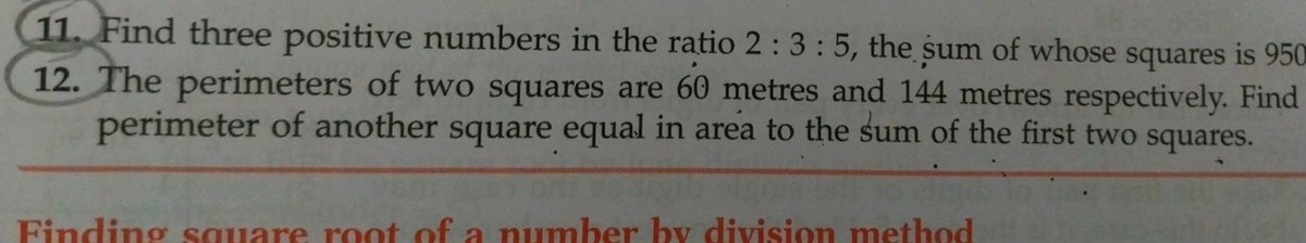 Find three positive numbers in the ratio 2:3:5, the sum of whose squares