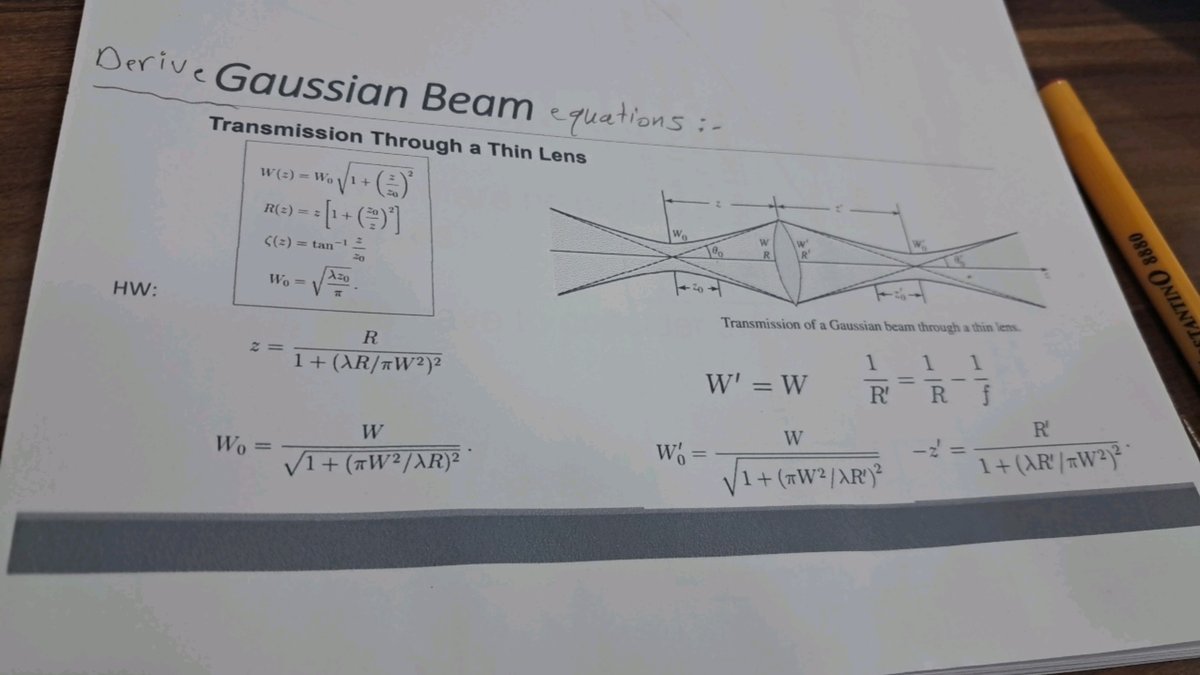 Derive Gaussian Beam equations: Transmission Through a Thin Lens Given
