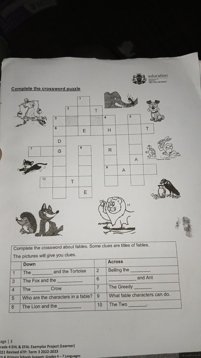 Complete the crossword puzzle about fables. Some clues are titles of fabl..
