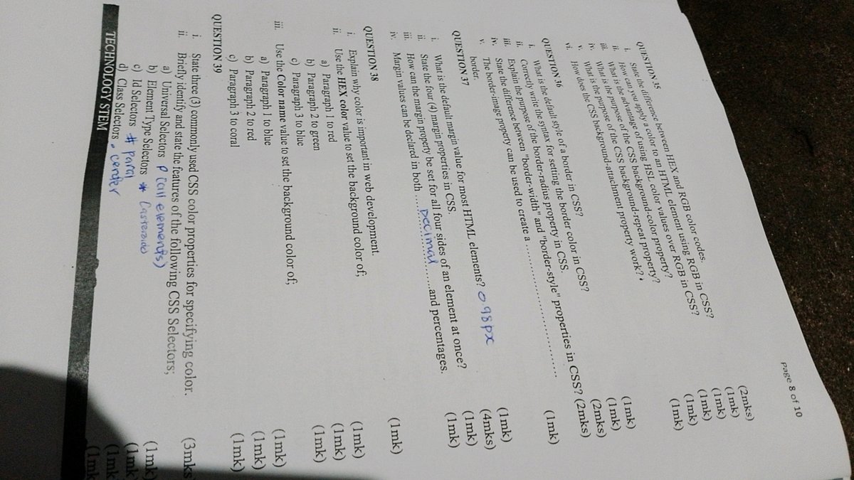 QUESTION 35 i. State the difference between HEX and RGB color codes. (2mk..