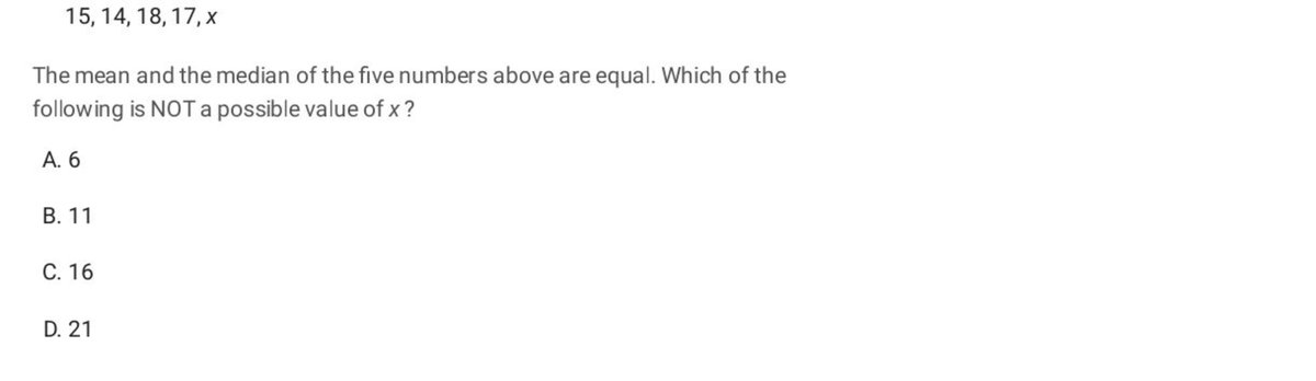 Given the numbers 15, 14, 18, 17, x, The mean and median of these number..