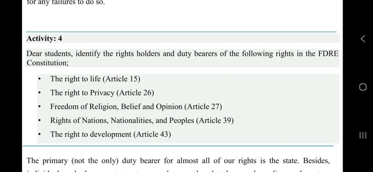 Identify the rights holders and duty bearers of the following rights in t..