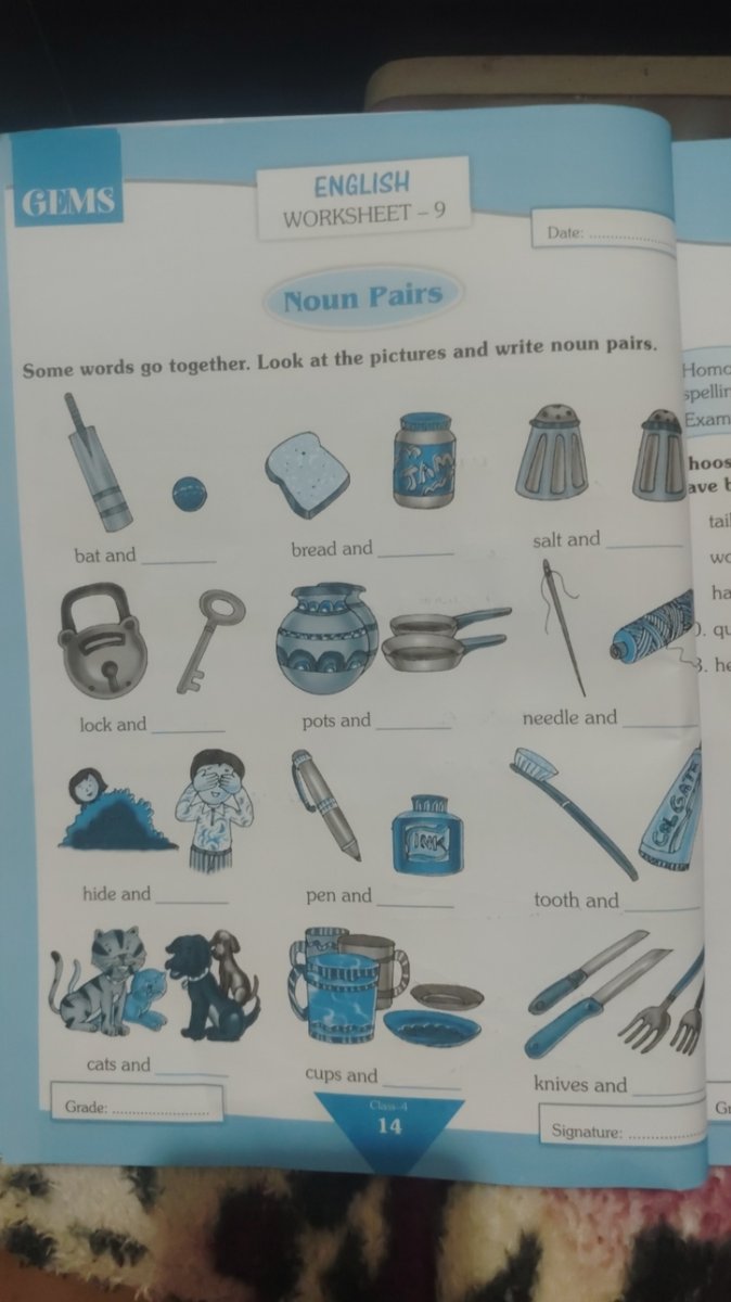 Some words go together. Look at the pictures and write noun pairs. bat a..