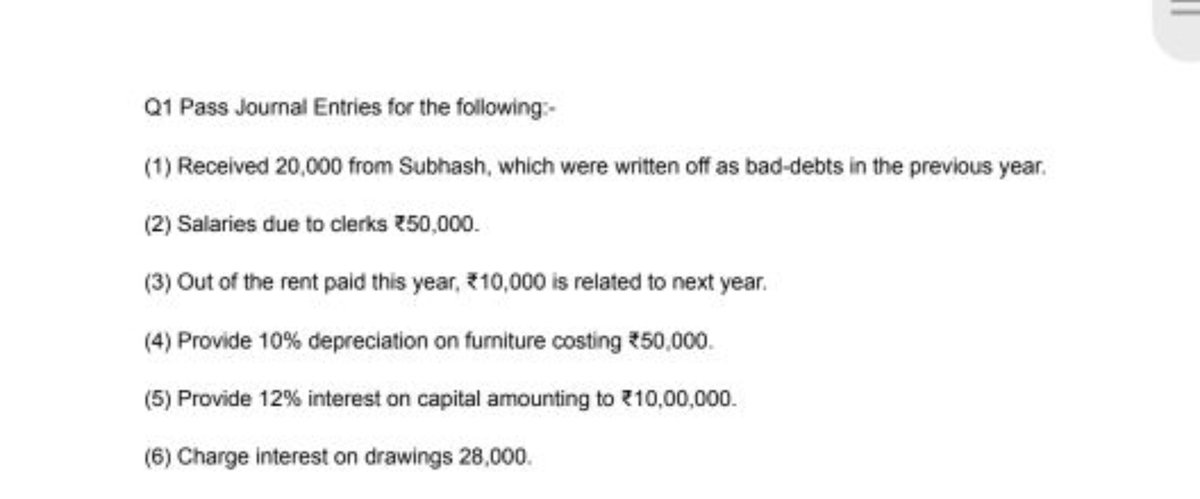 Pass Journal Entries for the following: Received ₹20,000 from Subhash, wh..