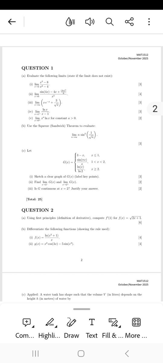 QUESTION 1 (a) Evaluate the following limits (state if the limit does no..