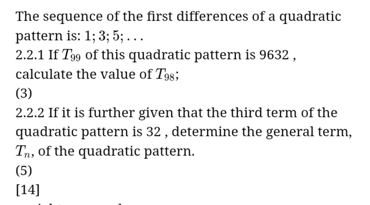Given a quadratic sequence where the sequence of the first differences is..