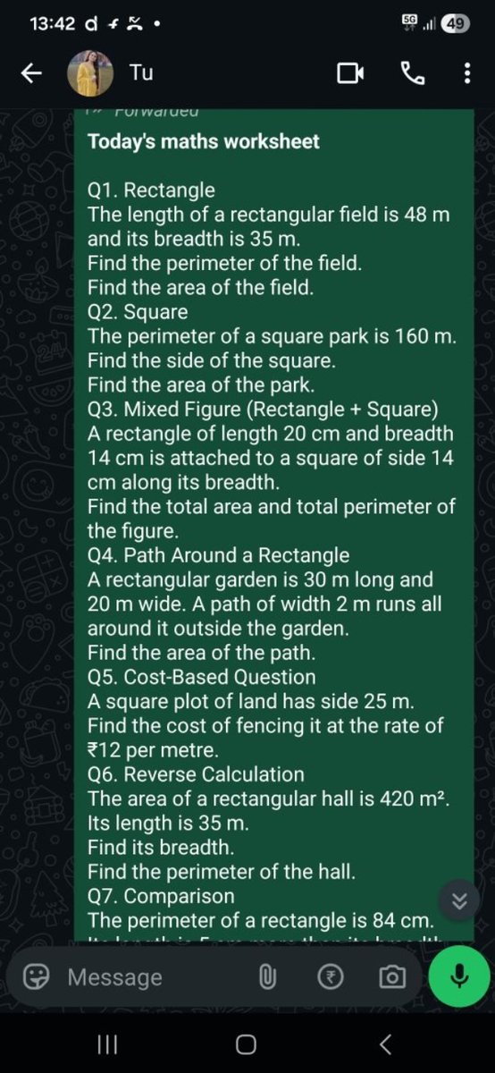 Today's maths worksheet Q1. Rectangle The length of a rectangular field