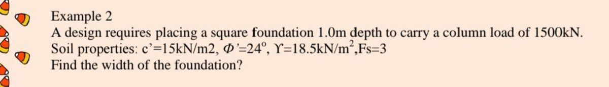 A design requires placing a square foundation 1.0m depth to carry a colum..