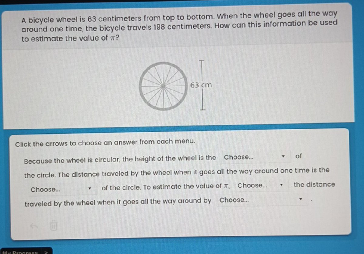 A bicycle wheel is 63 centimeters from top to bottom. When the wheel goes..