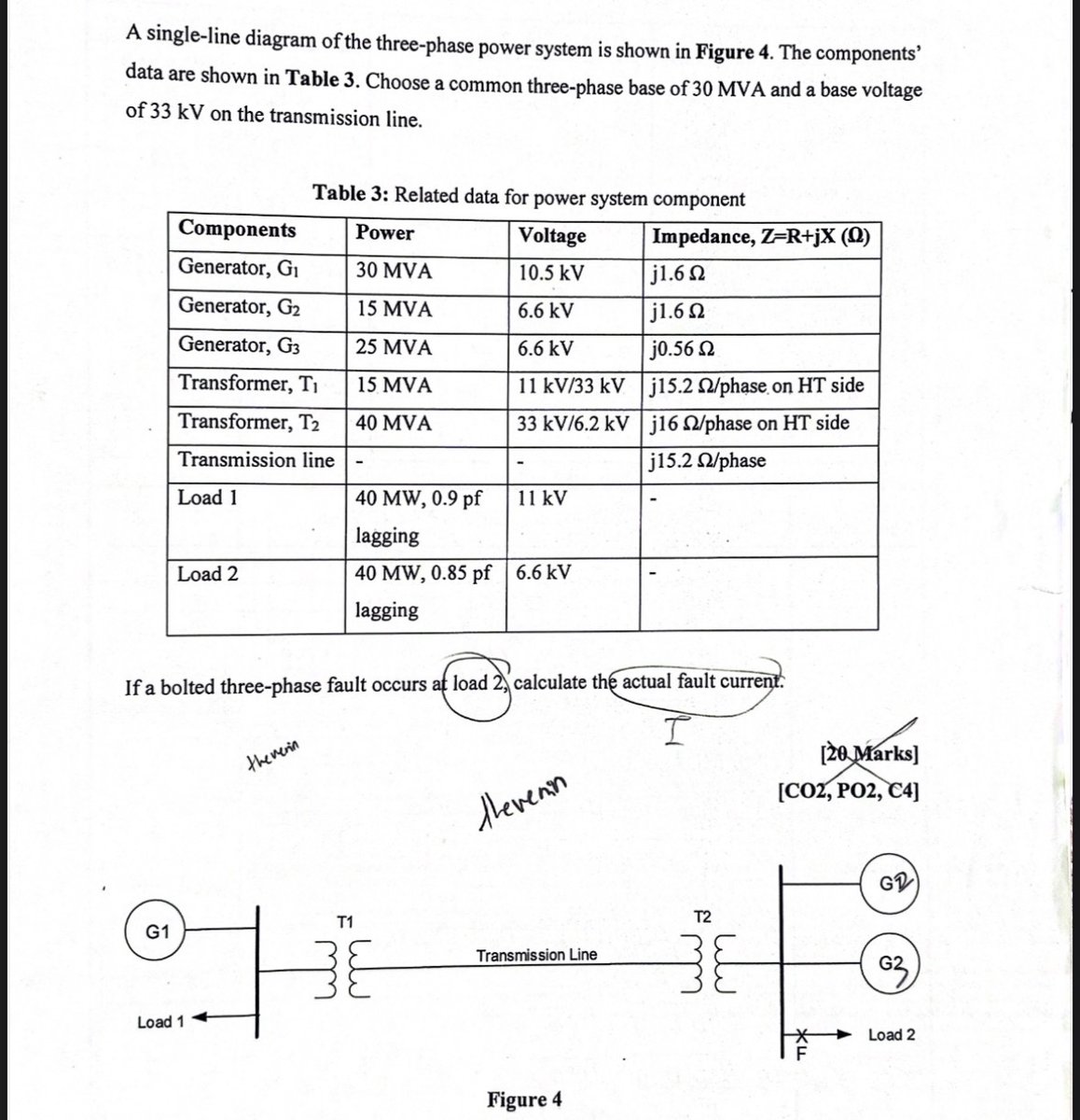 A single-line diagram of the three-phase power system is shown in Figure