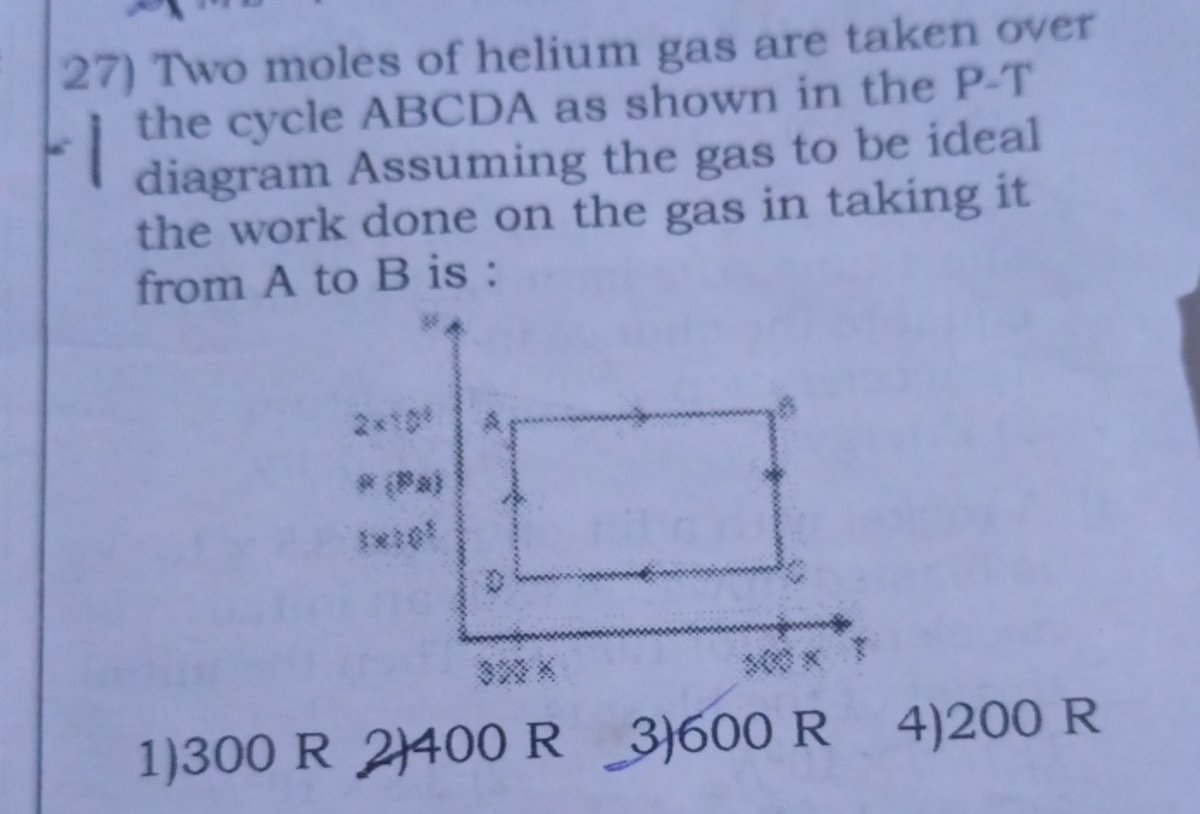 Two moles of helium gas are taken over the cycle ABCDA as shown in the P-..
