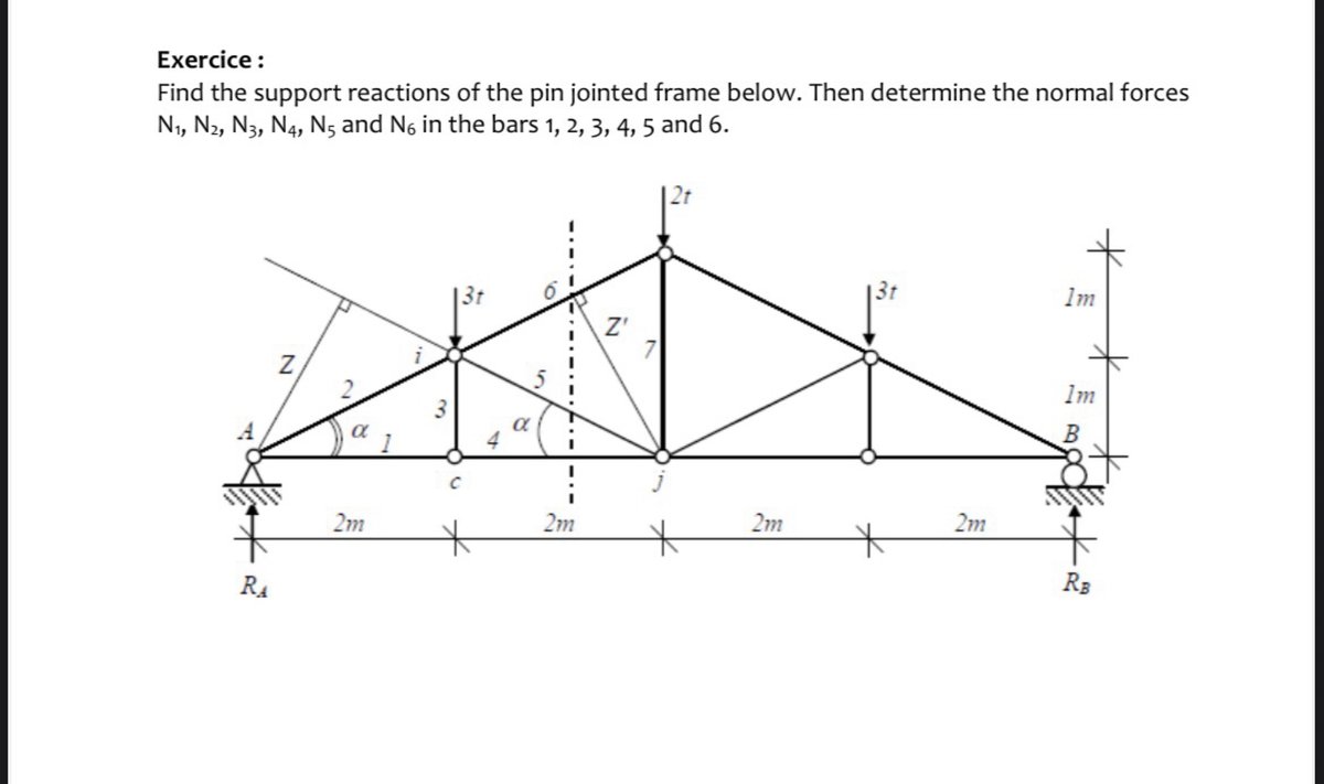 Find the support reactions of the pin jointed frame below. Then determine..